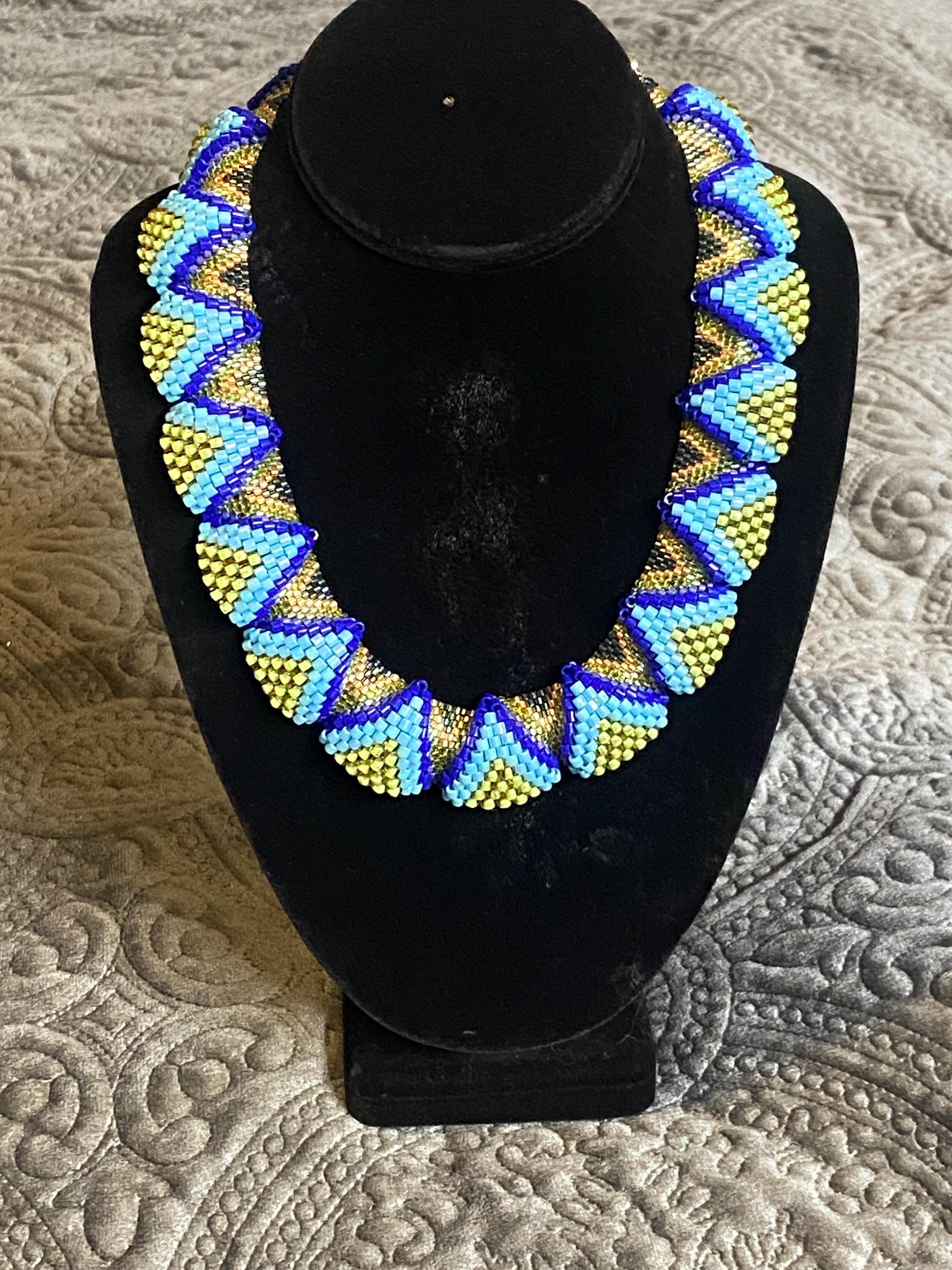 Cherokee Handmade Beaded Necklace, Flat Cellini Delica Beads, Blue ...