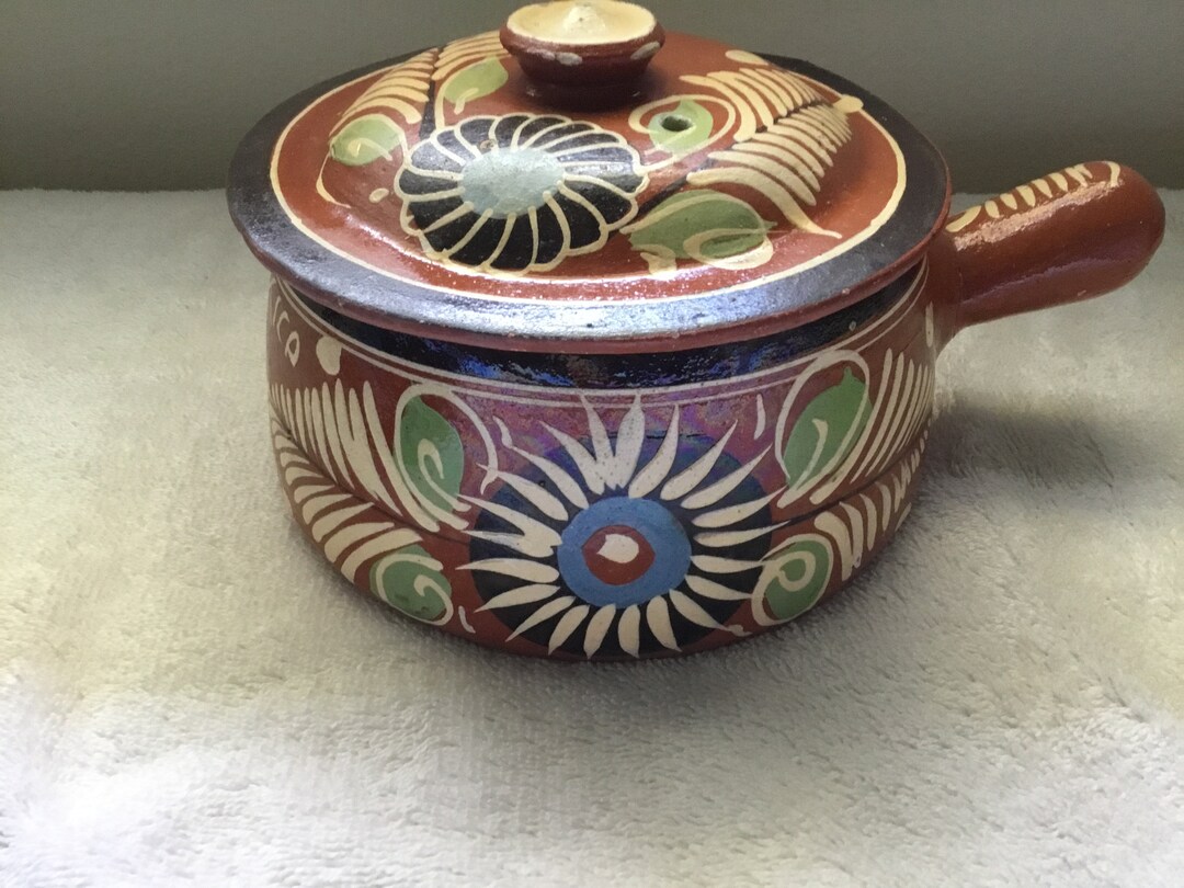 Mexican Redware Pot Tlaquepaque Pot With Lid Colorful Mod Graphics Blue ...