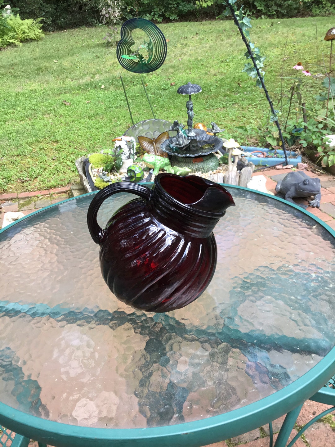Ruby Red Depression Glass Pitcher 40s 50s Vintage Glassware Banded Glass Ruby Red Tilt Glass