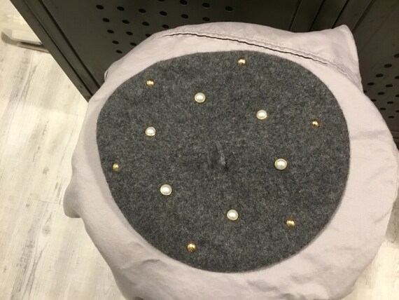 Gold and Pearl Studded Beret Tres Chic Gray Wool Bere… - Gem