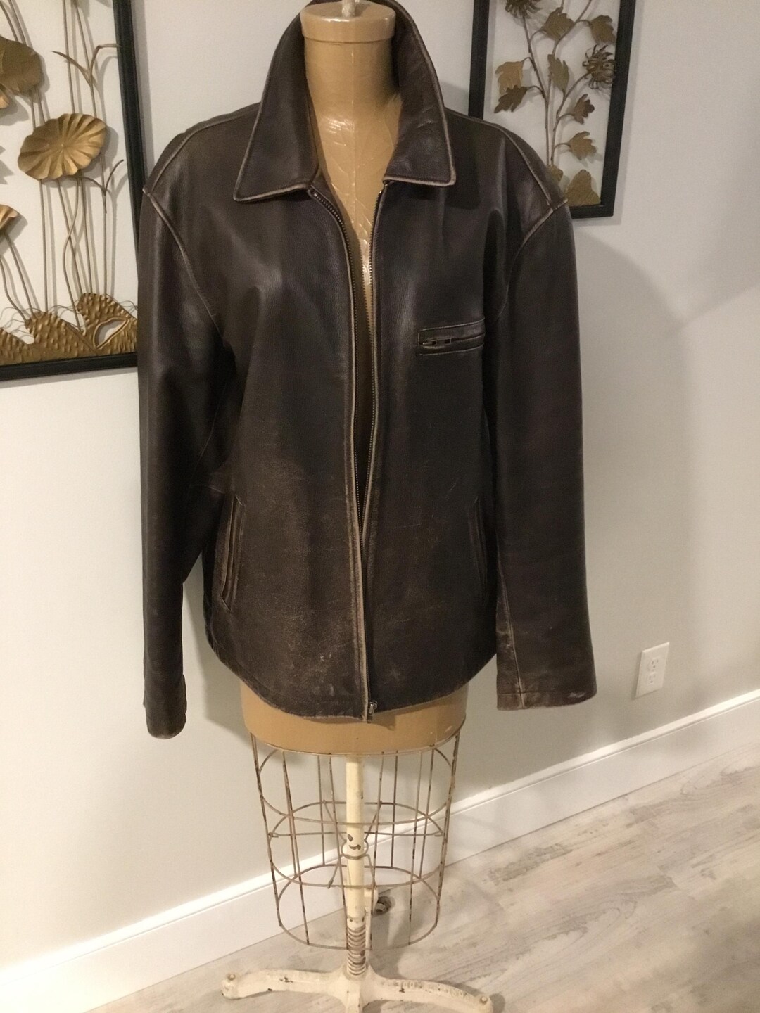 Leather Jacket Vintage Leather Coat Hip Length Cherokee Brand Broken in ...