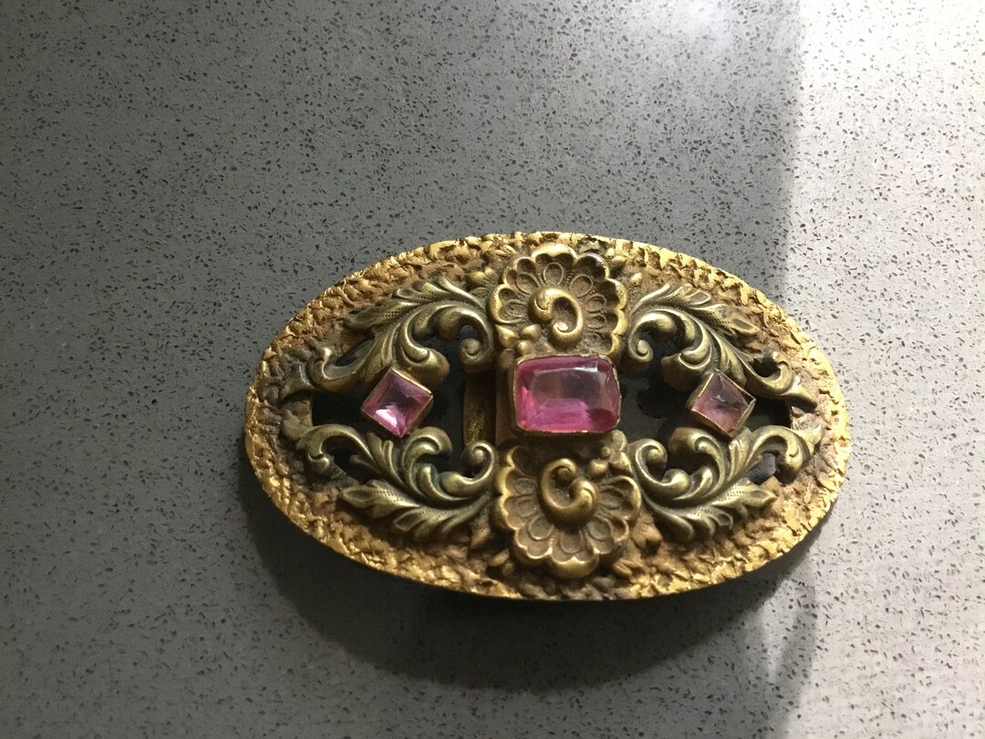 Antique Buckle Pretty Belt Slide With Pink Stones and Filigree Look ...