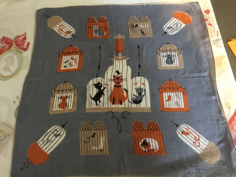 Peg Thomas Hanky Cats in Bird Cages by Peg Thomas Mid Century Linens ...