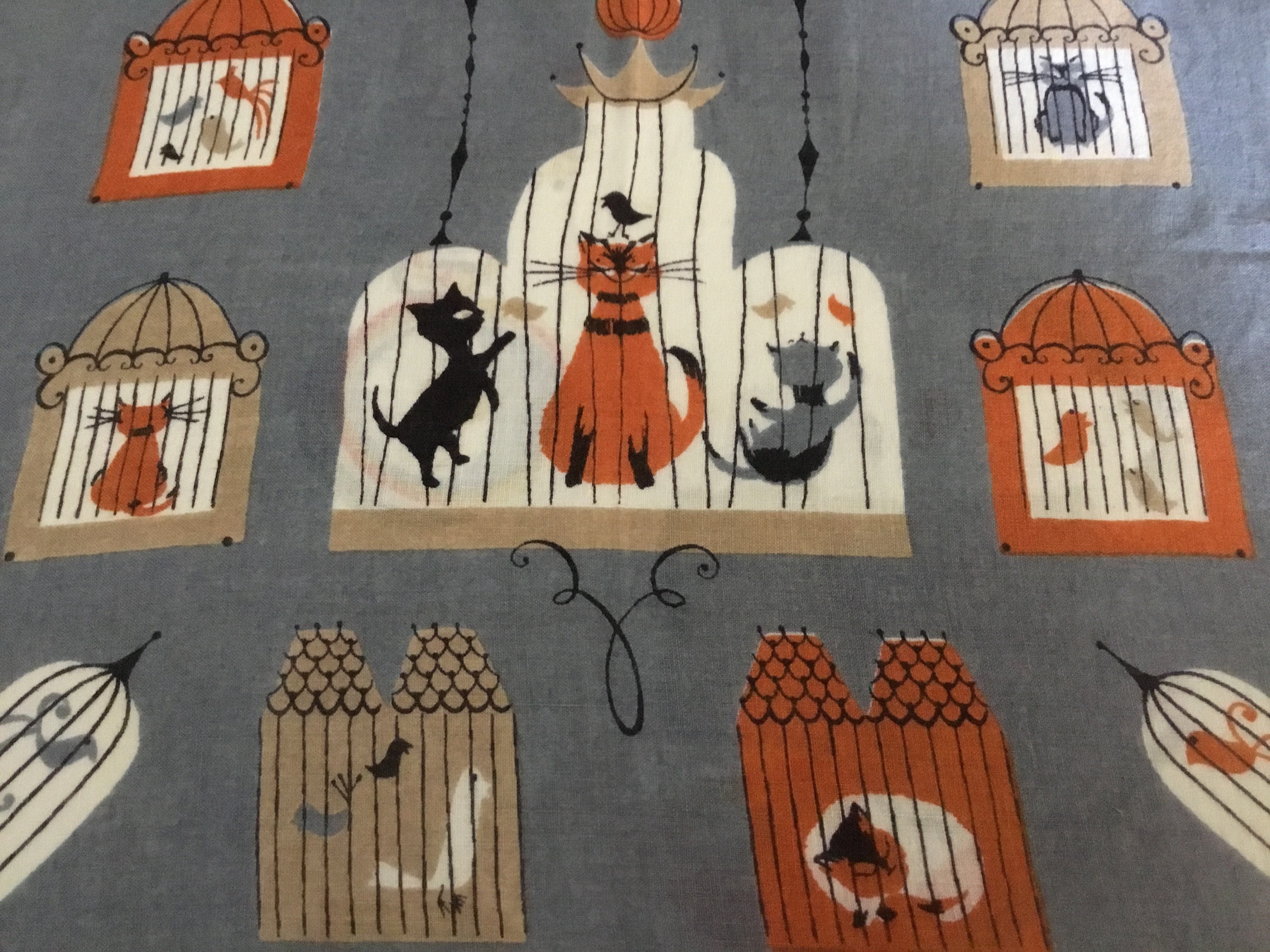 Peg Thomas Hanky Cats in Bird Cages by Peg Thomas Mid Century Linens ...