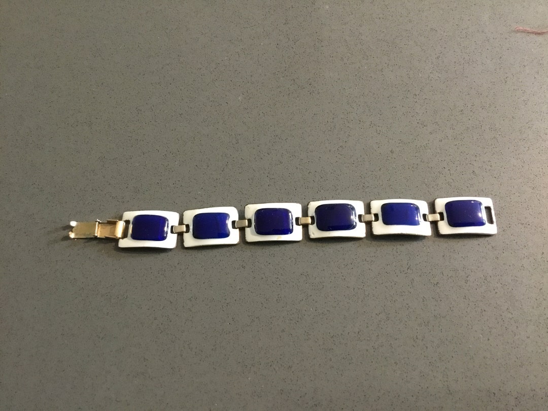 Vintage Bracelet Enamel Tile Bracelet Glossy White and Blue Tiles ...