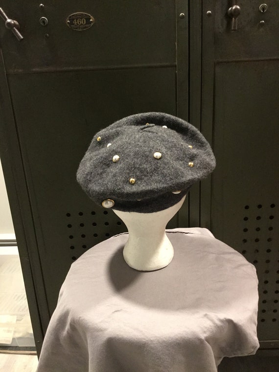 Gold and Pearl Studded Beret Tres Chic Gray Wool Bere… - Gem