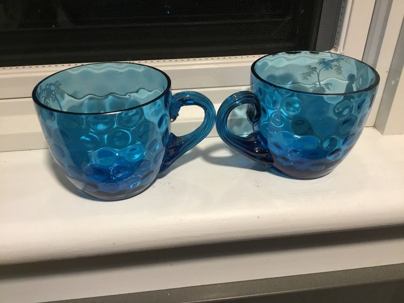 Victorian Glass Mary Gregory Optic Blue Mini Mugs Hand Painted - Etsy