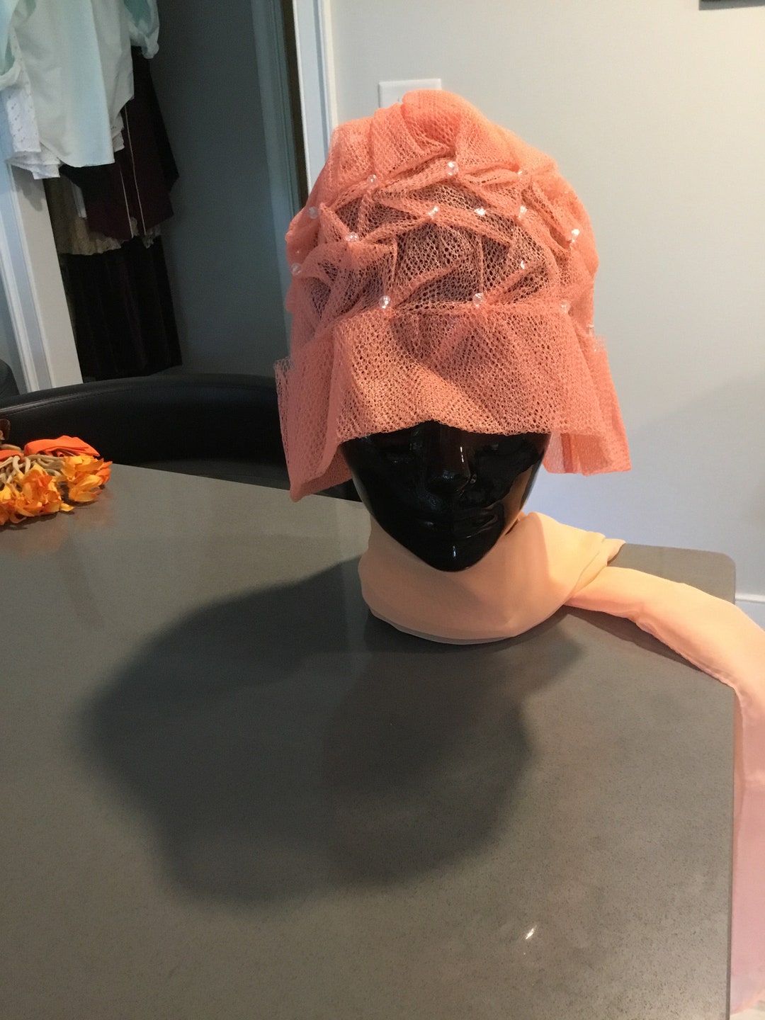 Vintage Hat Net Hat Bucket Style With Chrystal Detail Coral Colored Net ...