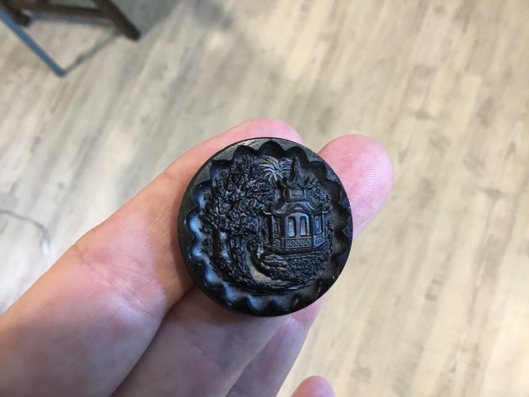 Deknatel Pat'd Dec 28 1880 3 Larger Black Glass Buttons Carved Buttons ...