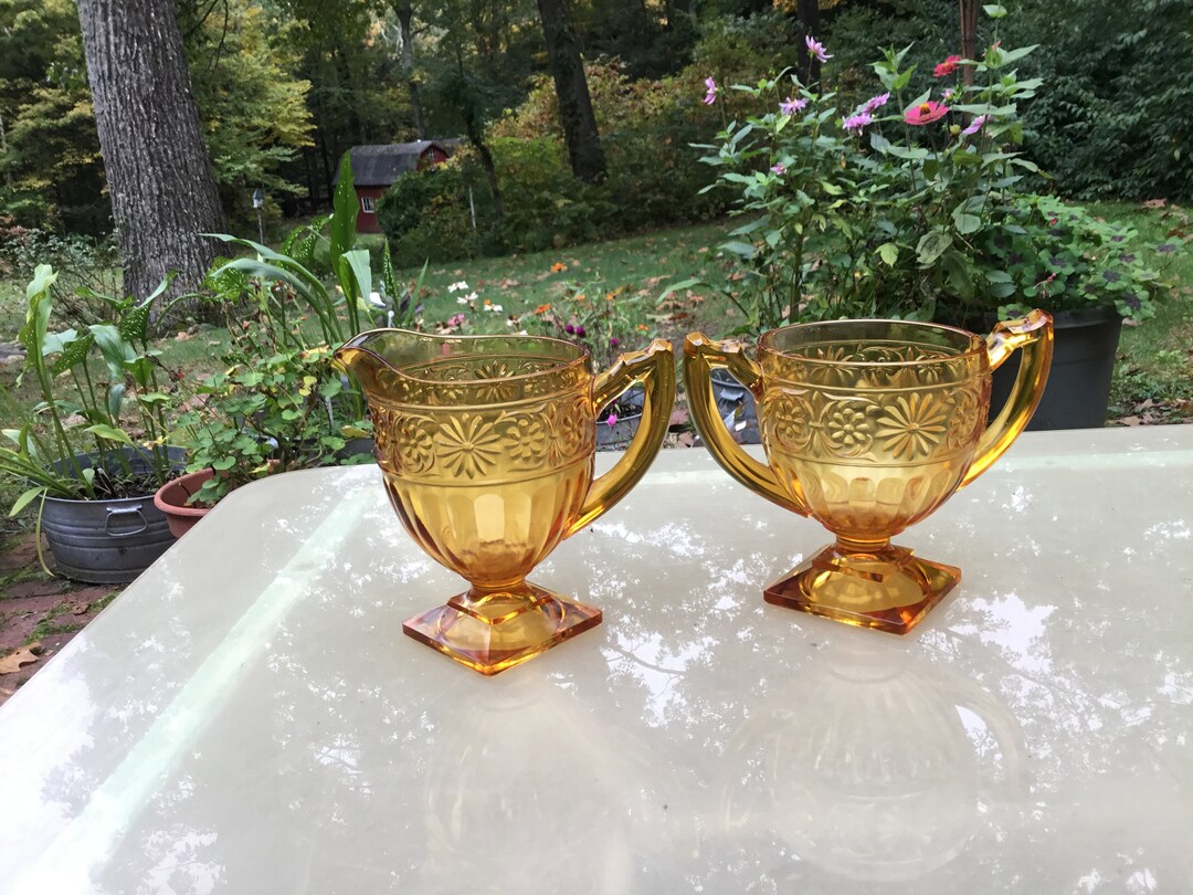 Amber Glass Indiana Glass Co. Daisy Pattern Sugar and Creamer Pedestal ...