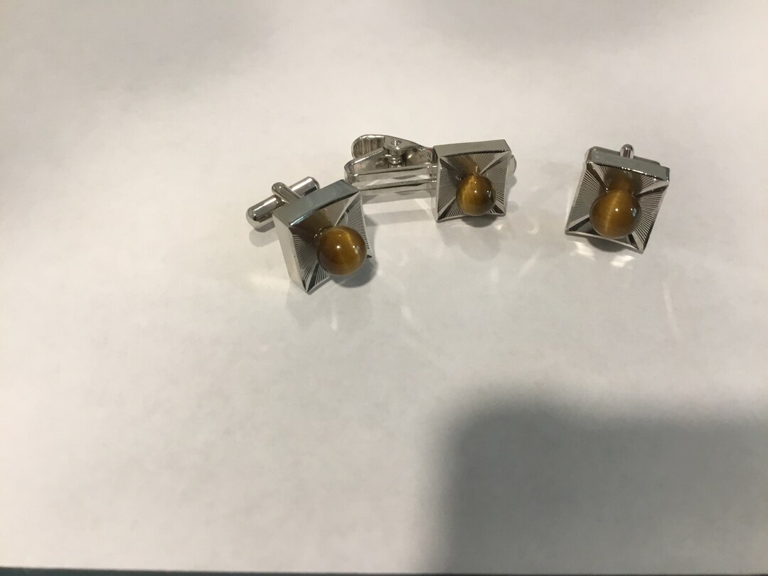 Cuff Links and Tie Clasp Set Tiger's Eye Jewelry Silver Tone Bases ...