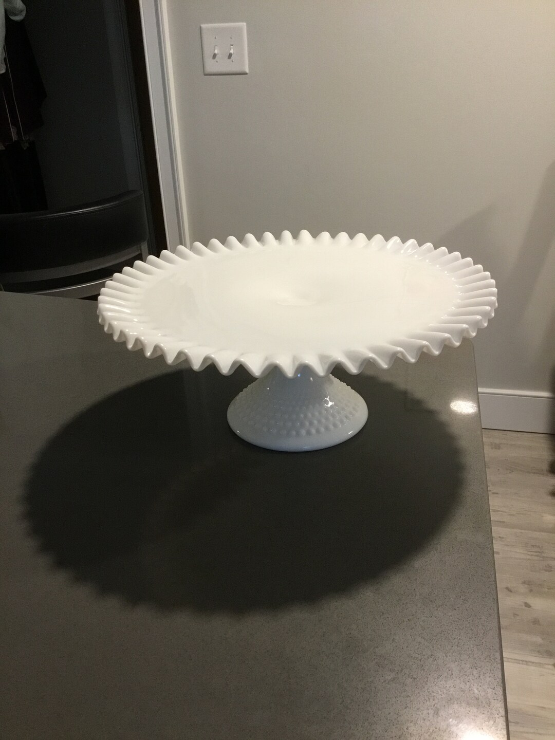 White Cake Plate Pedestal Cake Plate Hobnail Underside Ruffled or ...