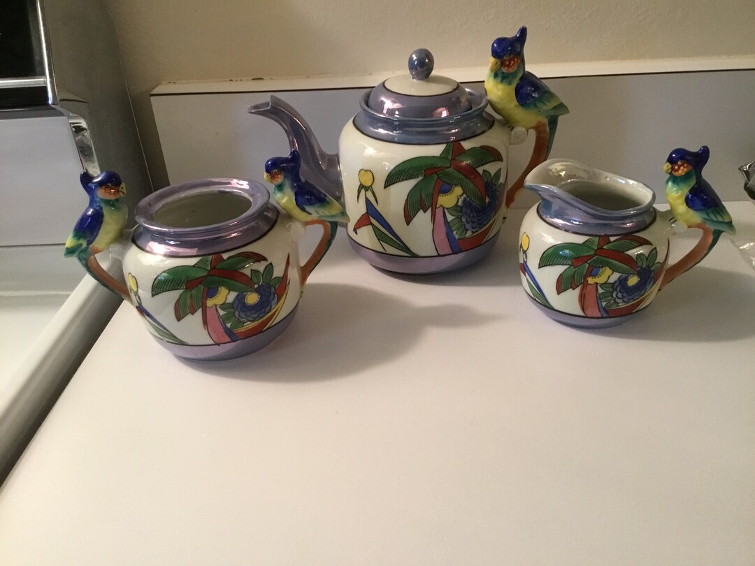 Rare Parrot Tea Set Vintage Tea Set Parrot Handles Deco Palm Trees ...