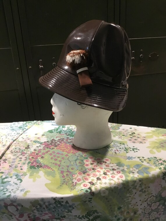 Bobby Style Hat Patent Leather Hat Brown Rain Hat Bri… - Gem