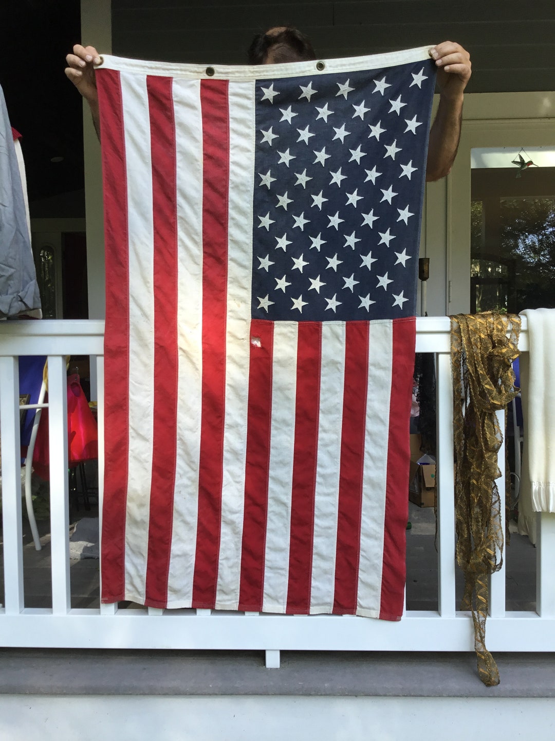 American Flag 50 Stars Sewn on 4 Brass Grommets Stripes Are Sewn on as Well Rustic Distressed ...