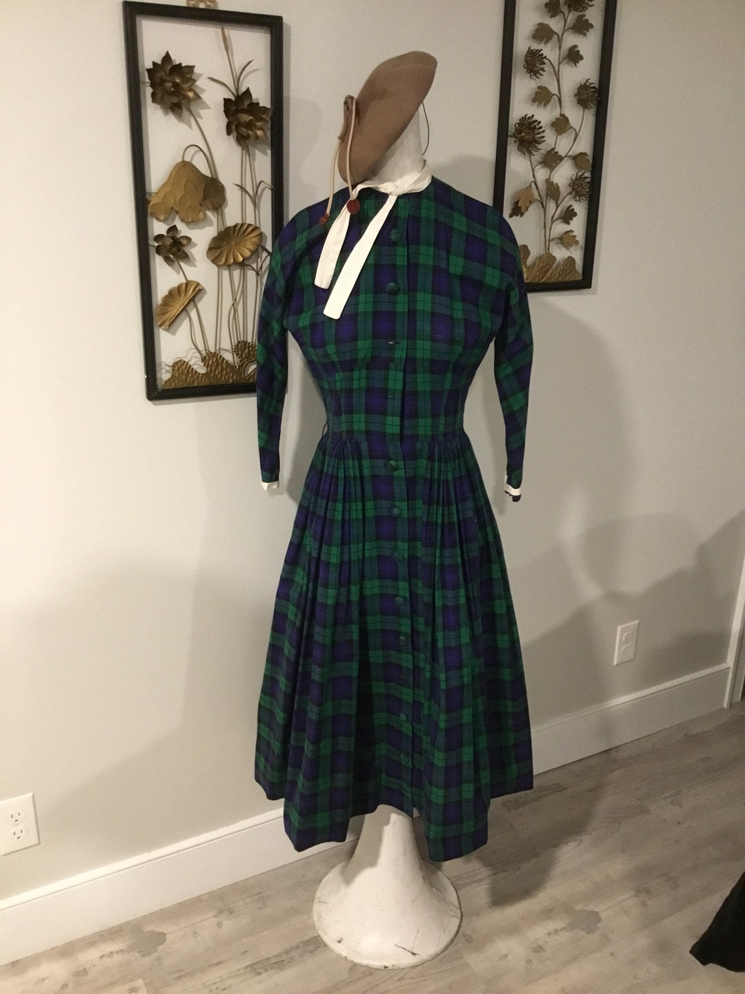 50's 60's Plaid Dress Blue and Green Plaid Cotton Dress Day Dress ...