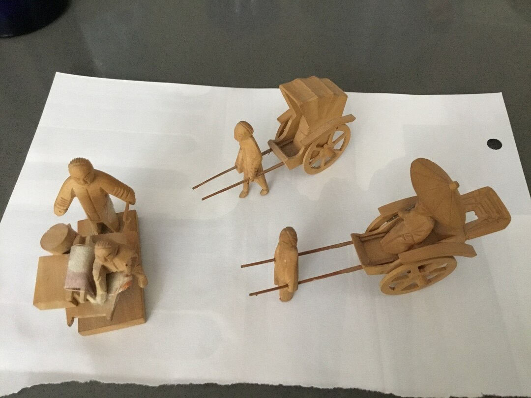 Carved Wooden Carts and Figures Intricately Carved MINI Wood Rickshaws ...