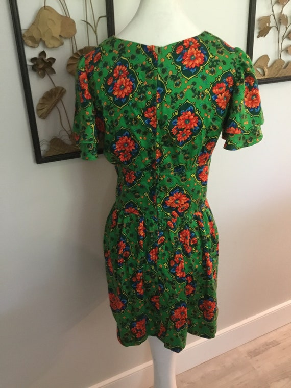 1970's Mini Dress Bright Green Floral Print Groovy Dr… - Gem