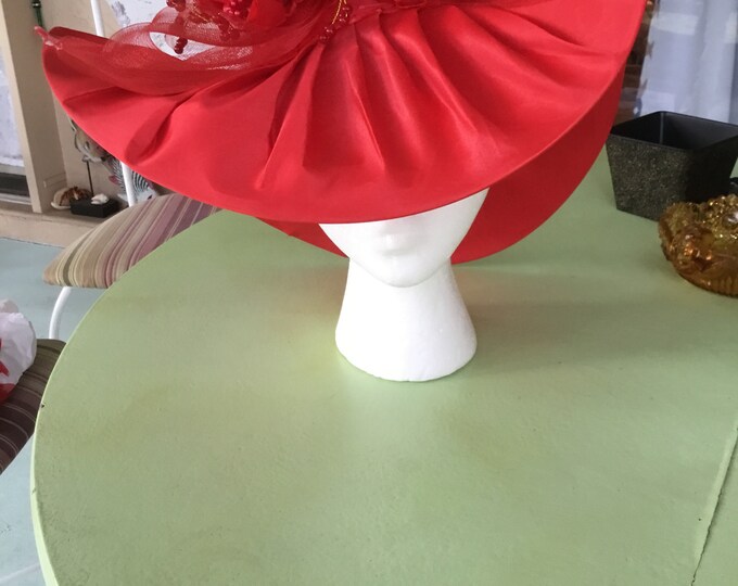 Red Hat Big Brim Hat Red Hat Lady Society Satiny Base With Wire Frame ...