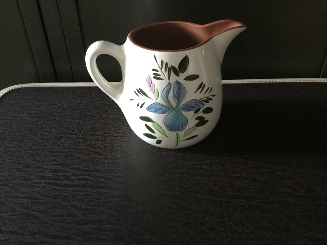Stangl Pottery Pitcher Blue Iris and Mod Leaf Pattern on Each Side ...