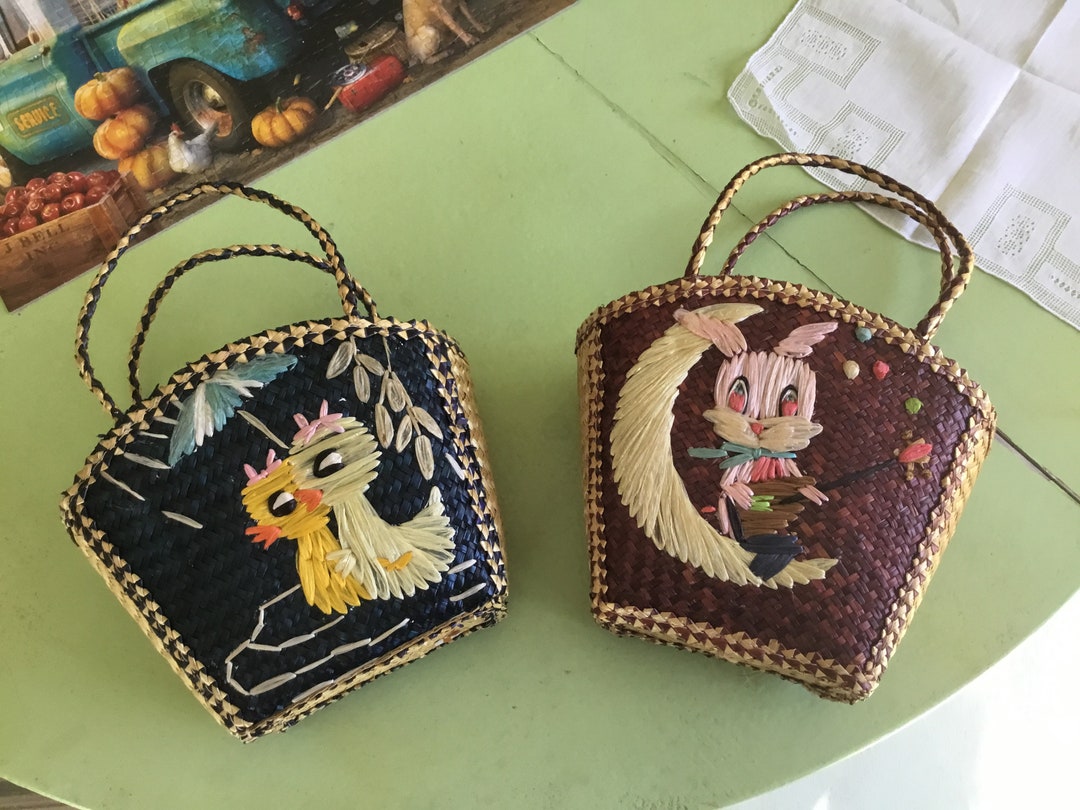 Straw Purses With Raffia Ducks and a Rabbit Easter Purses or Baskets 2 ...