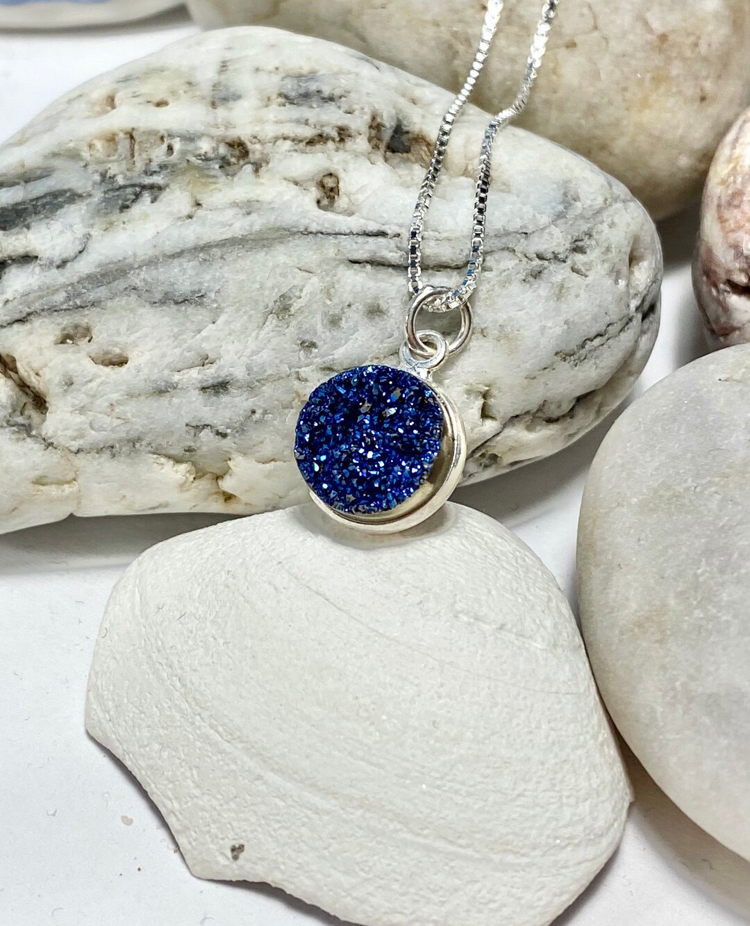 925 Sterling Silver Agate Blue Druzy Necklace Gemstone - Etsy
