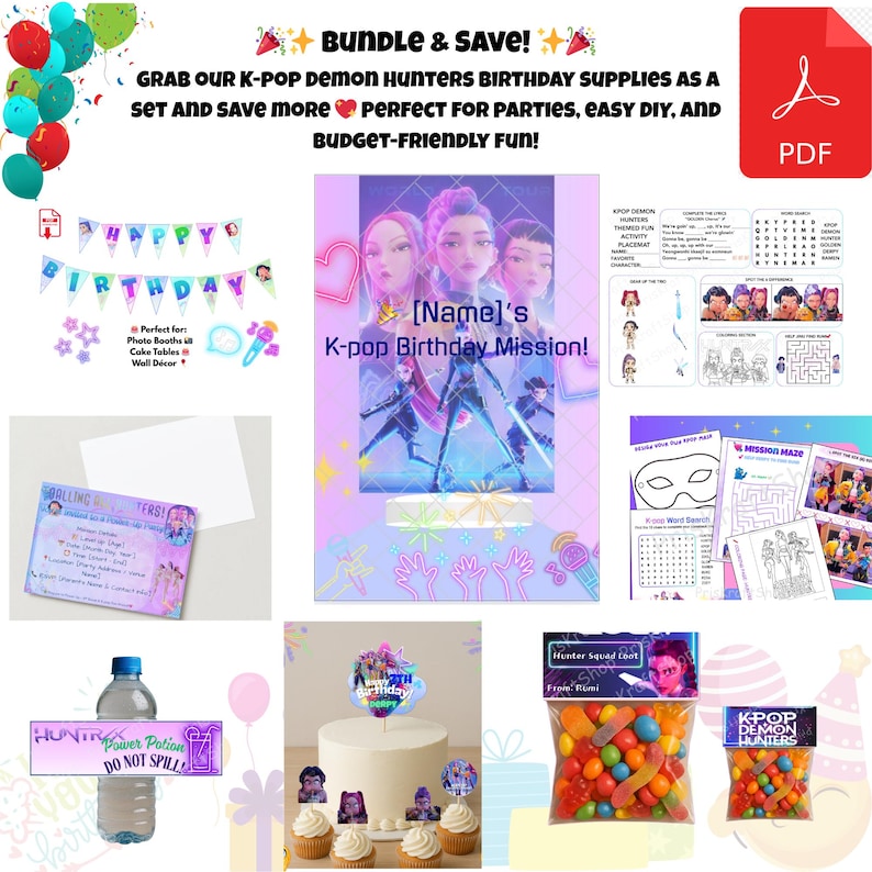 K-pop Demon Hunters Birthday Party Decorations | Printable Bundle + Stickers (DIY Editable) - Etsy