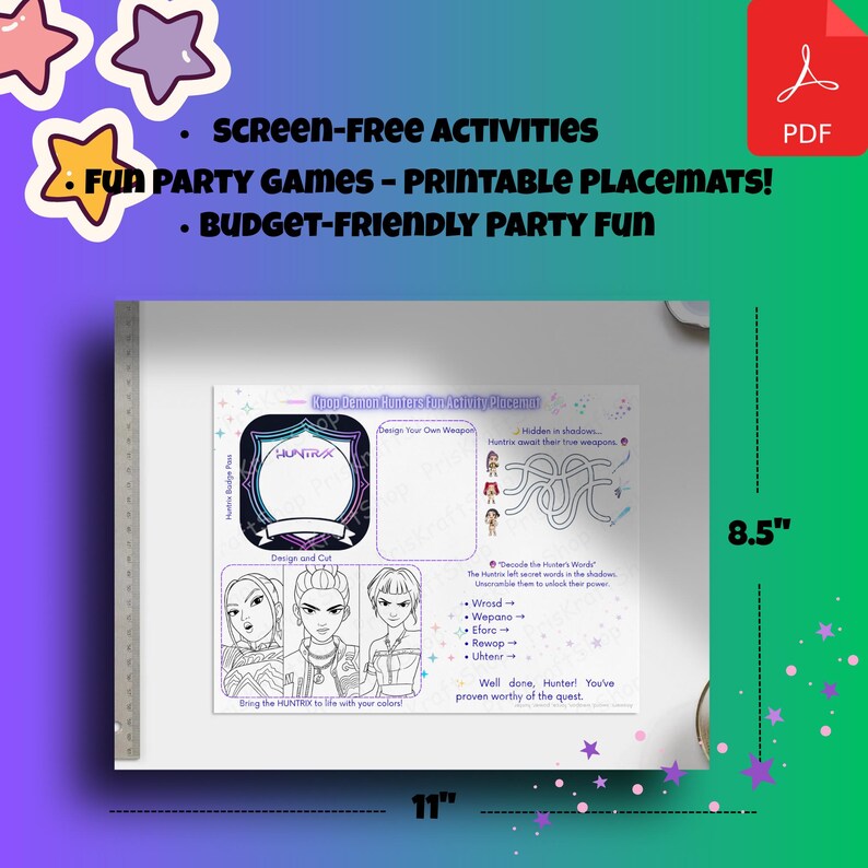 K-pop Demon Hunters Activity Placemat | Kids Coloring, Maze, Badge (PDF ...