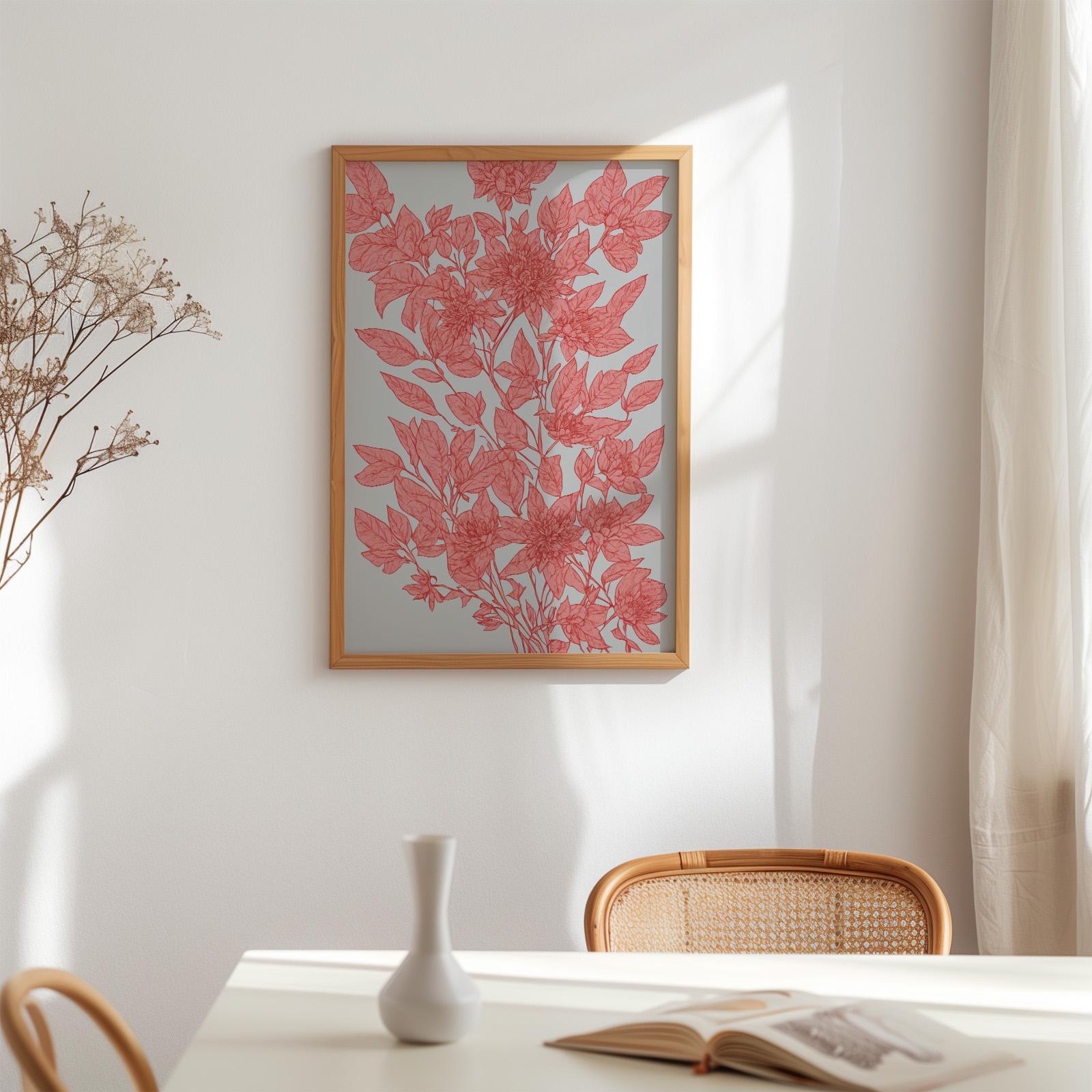 Flora in Silico – Botanical Digital Art Print, Red Monochrome Flower ...