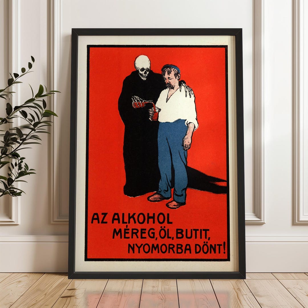 Alcohol is Poison Poster - 1914 Hungarian Grim Reaper Print, Anti ...