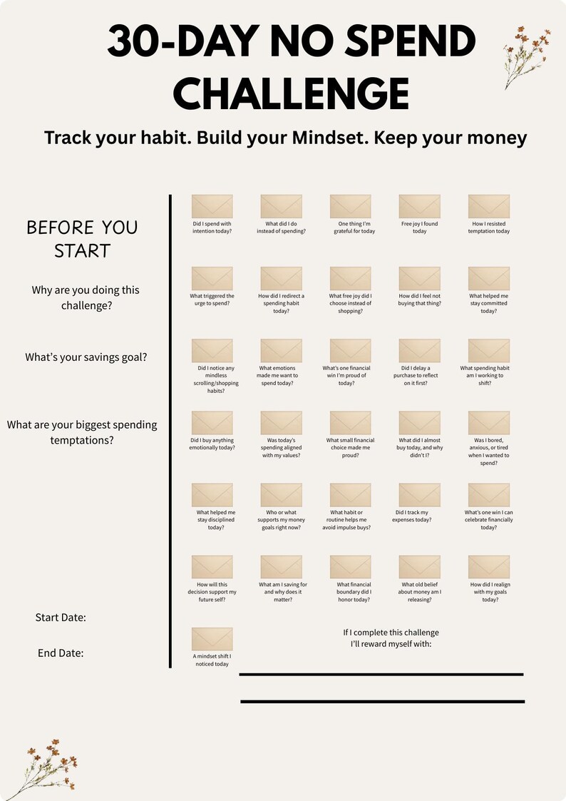30-day No Spend Challenge | Printable Money Tracker | Budget Reset ...