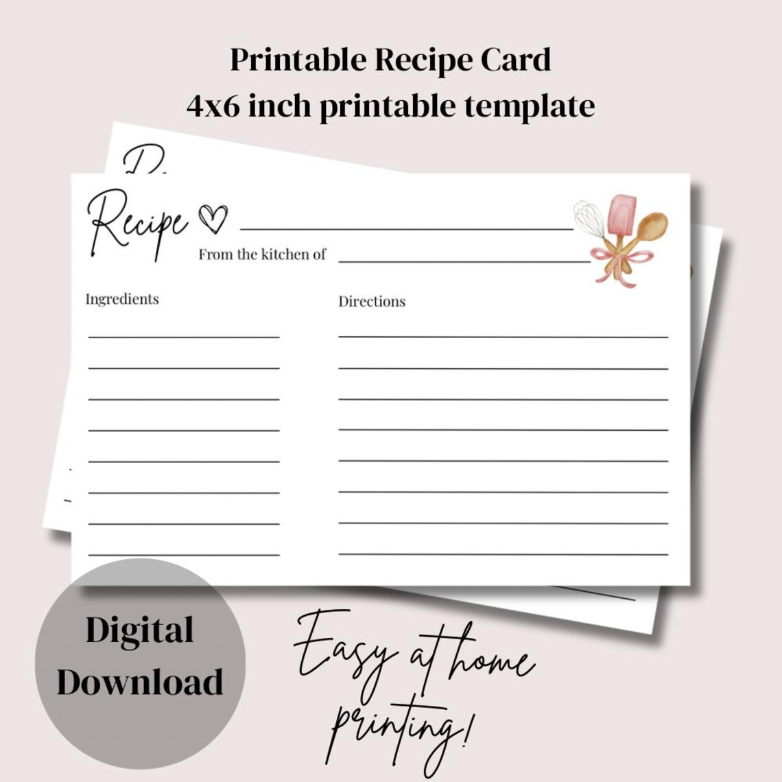Printable Recipe Card | Digital Recipe Card | 4x6 Recipe Card | Recipe ...