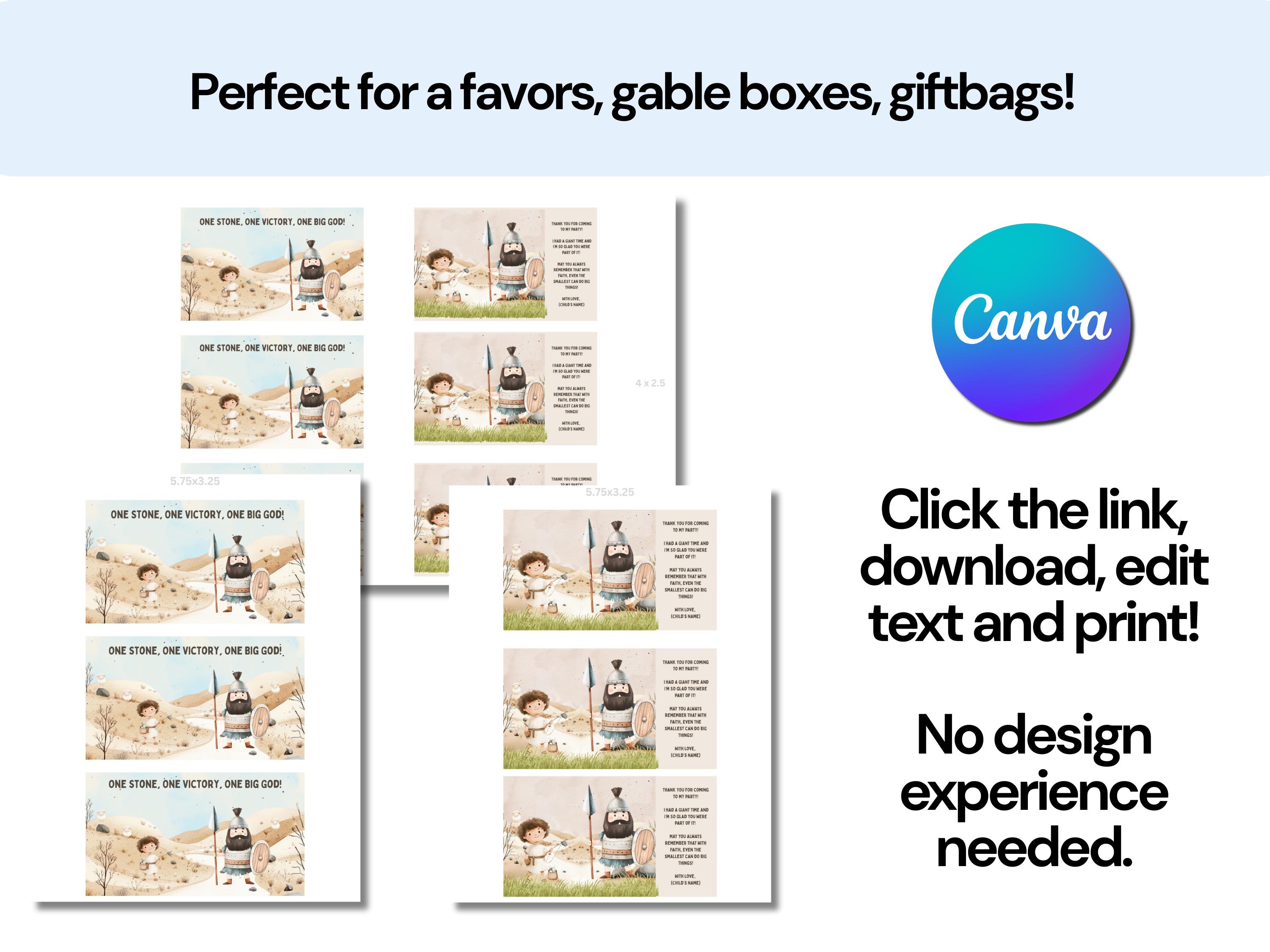 David and Goliath Favor Box Stickers: Editable Kids Birthday Labels ...