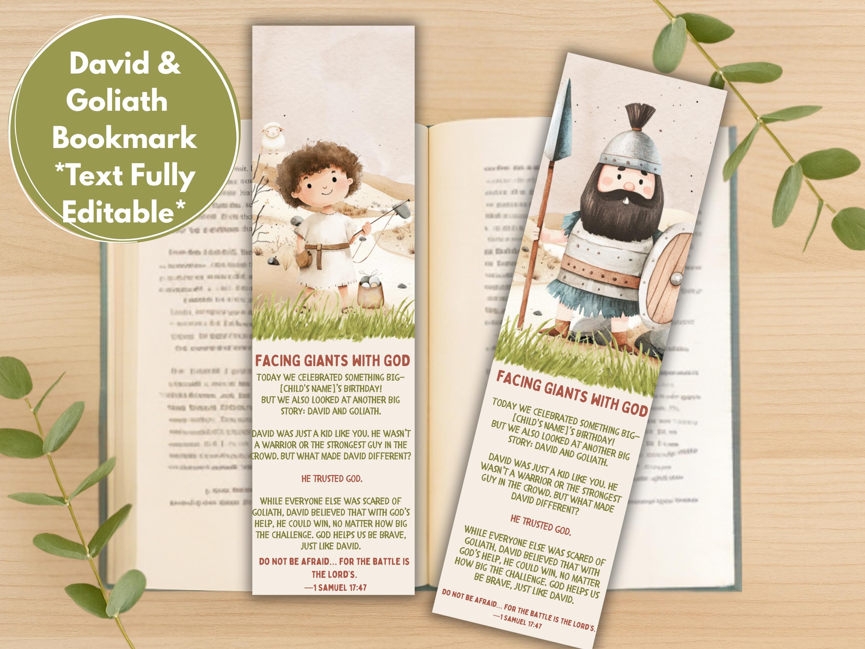 David and Goliath Bookmarks: Faith-based Party Favors (editable Canva ...