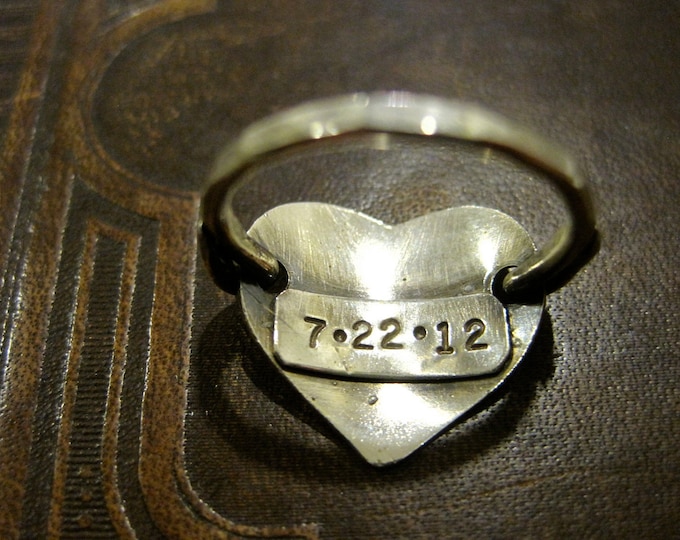 Sterling Silver or Gold Stamped Heart Ring, Anniversary Date, Initial ...