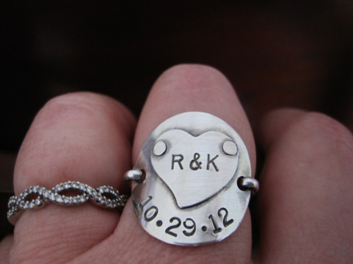 Large Sterling Silver Stamped Ring With Date and Initials Round With a ...