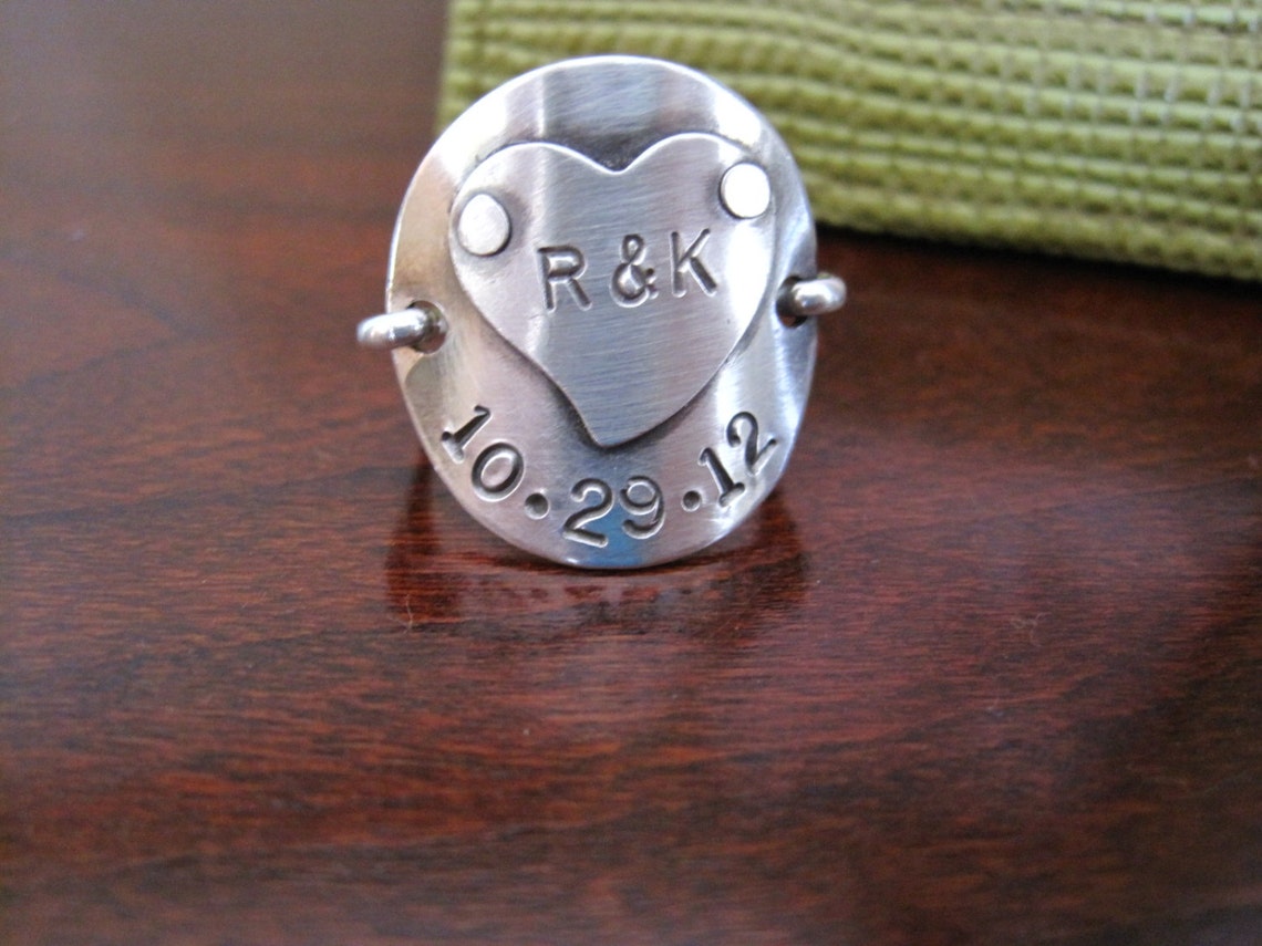 Large Sterling Silver Stamped Ring With Date and Initials Round With a ...