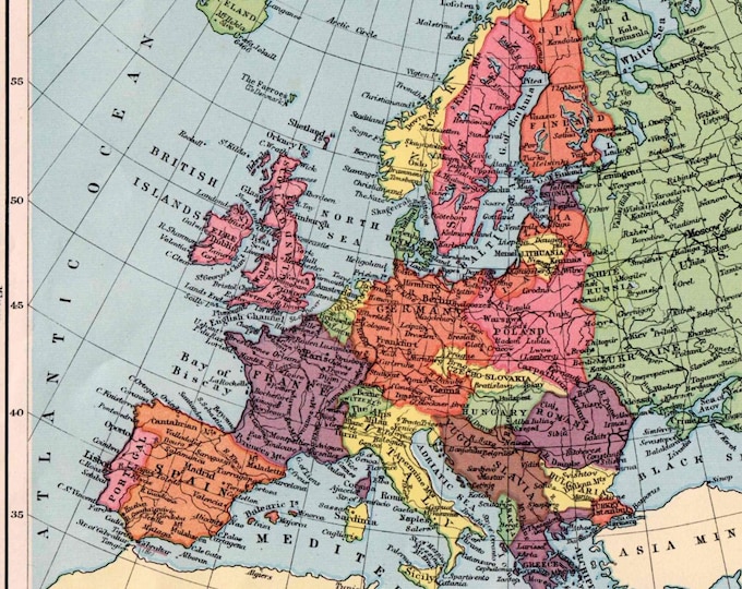EUROPE Map, 1930s European Map Pre WW2, Vintage School Map With Spain ...