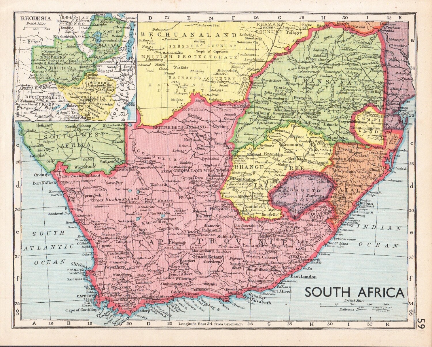 1930s SOUTH AFRICA Map With Orange Free State, Transvaal, Rhodesia ...