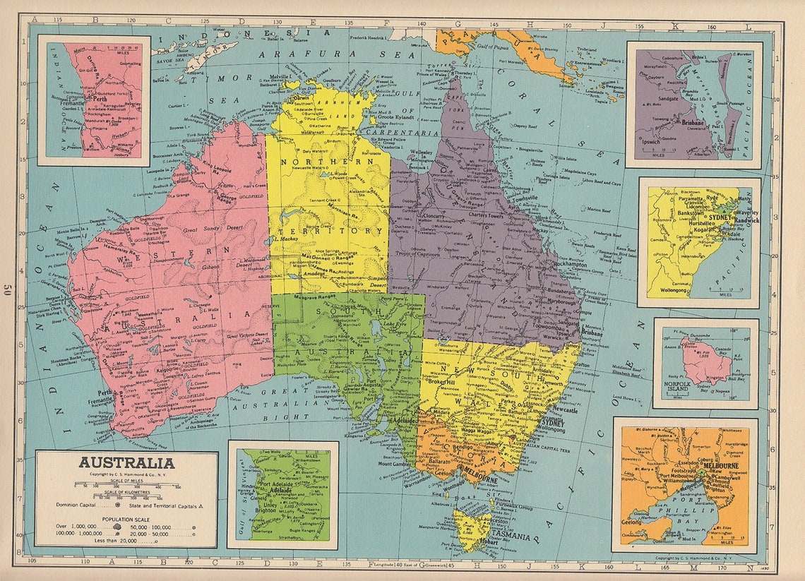 Colourful AUSTRALIA Map 1950s Vintage Australian Map With - Etsy
