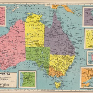 Colourful AUSTRALIA Map, 1950s Vintage Australian Map With States and ...