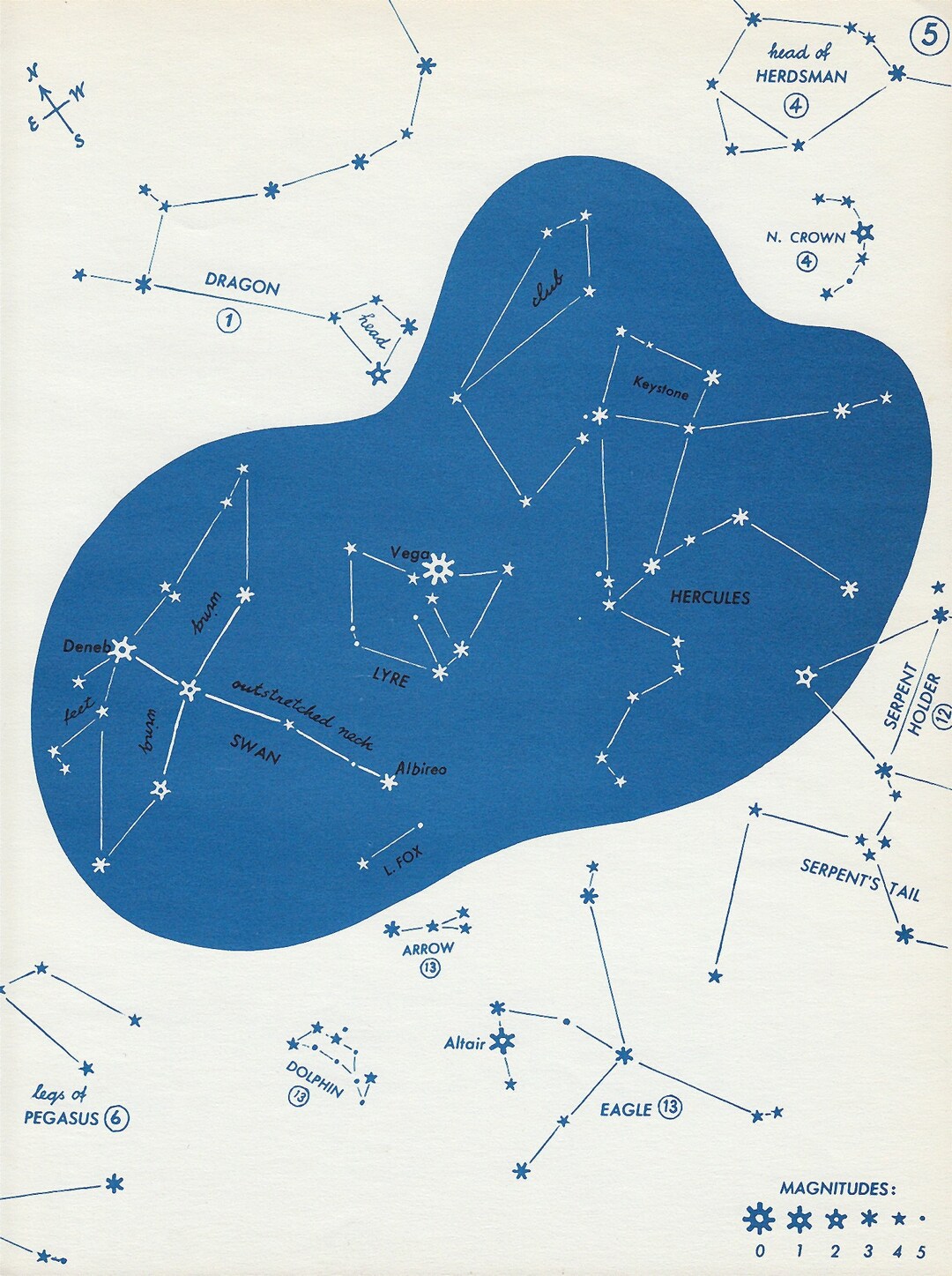 Star Map 5 With Hercules, 1970s Vintage Astronomy Print, Mid Century ...