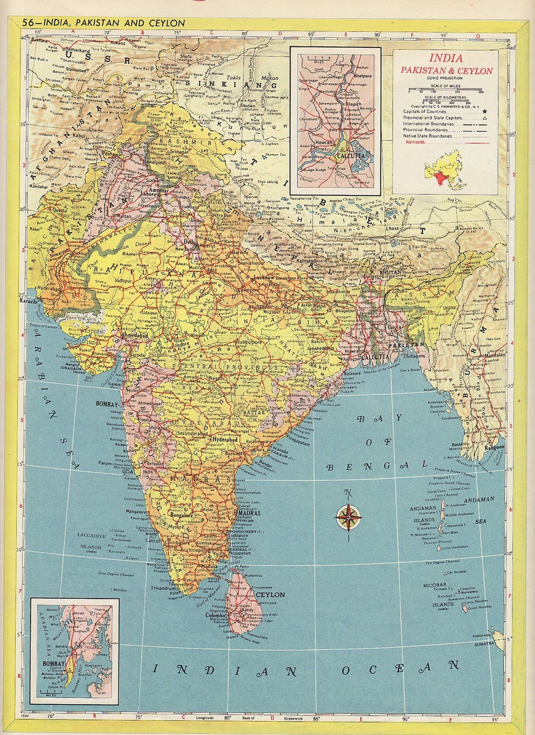 Vintage India Map With Pakistan Ceylon, Bombay Calcutta Inserts, Large ...