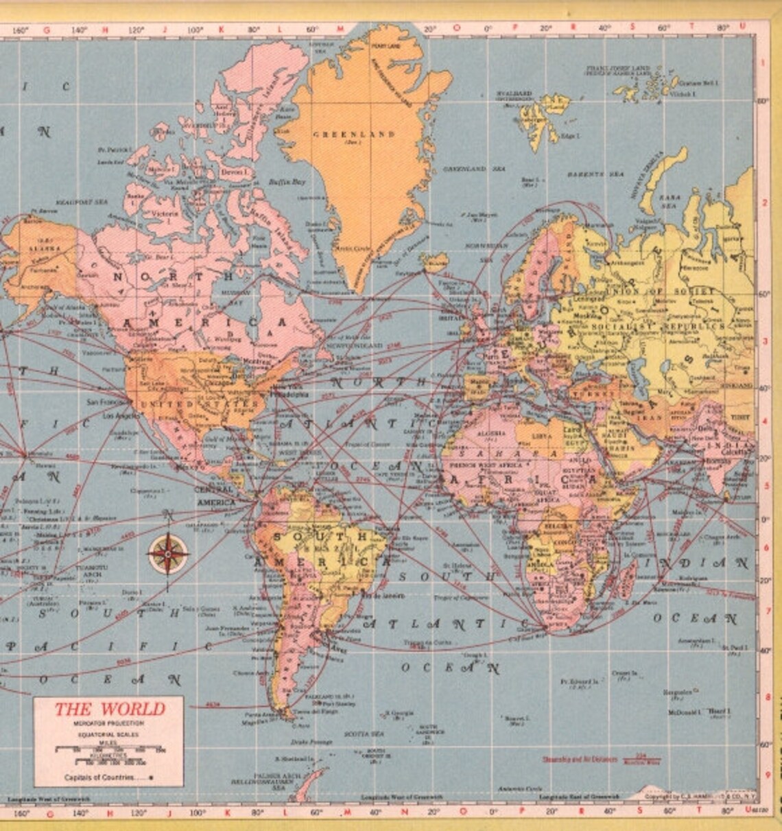 1950s World Map Vintage World Travel Map Travel Decor | Etsy