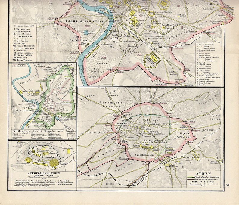 Maps of Rome Athens Street Map City Plans Large Antique - Etsy