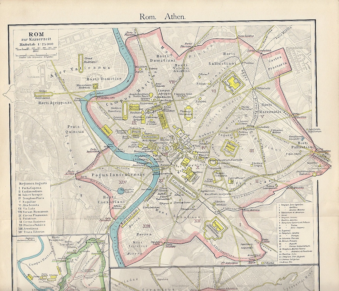 Maps of Rome Athens, Street Map City Plans, Large Antique German ...