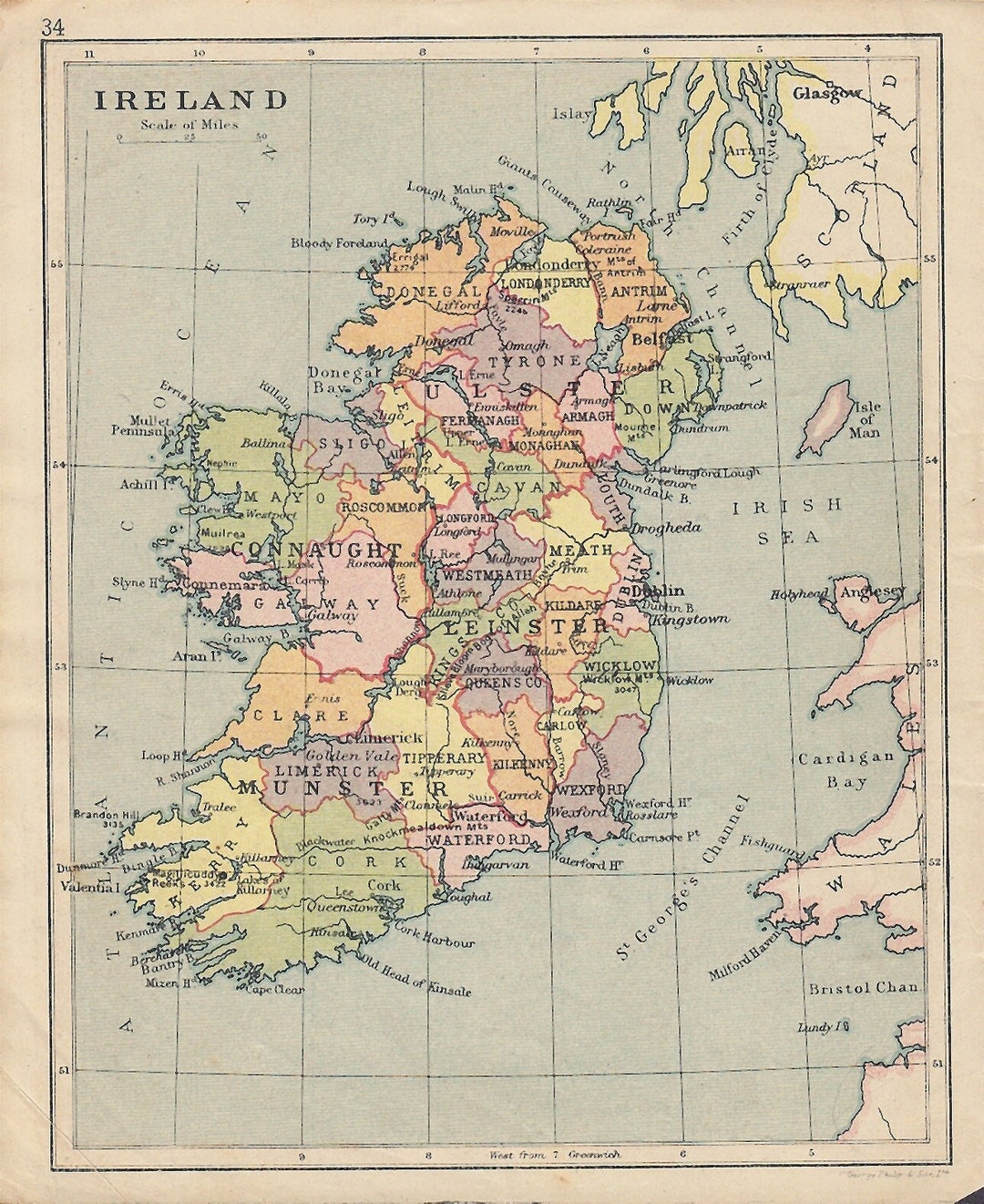 Ireland Irish Map, 110 Year Old Antique IRELAND Map, 1910s Map of Irish ...