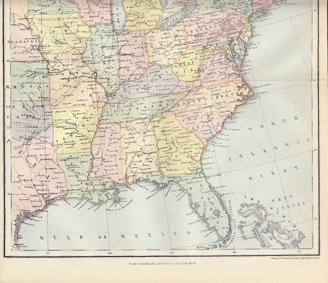 1880s Map of United States East Coast, 140 Years Old Antique Map of USA ...