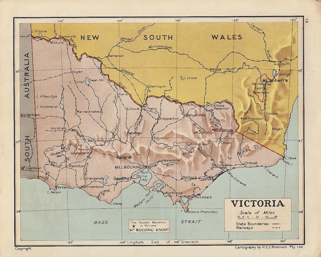Victoria Victorian Map, Retro Coloured Map of Australian State, 1940s ...