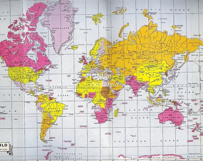 1950s World Map Large World Wall Map World Political Map School Map - Etsy